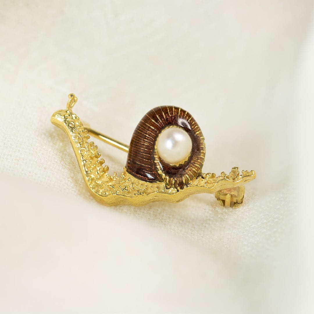 Unique Vintage Pearl & Brown Enamel Snail Pin Brooch 1970s Quirky Snail ...