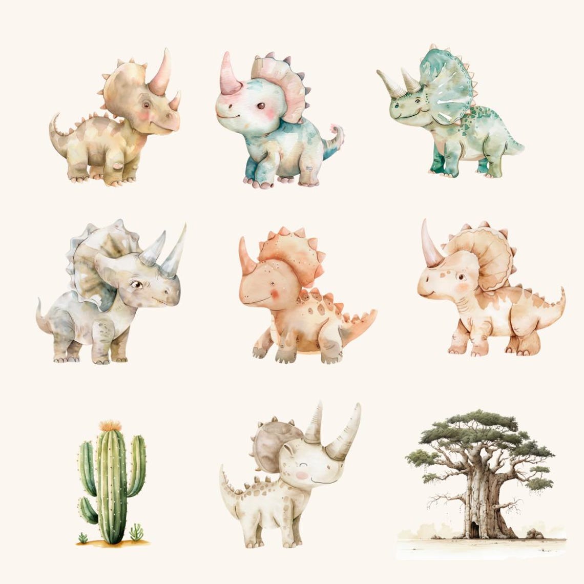 Dinosaur Triceratops Clipart Baby Dinosaur Watercolor Printable High ...