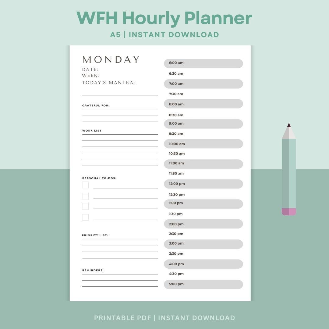 Hourly Digital Planner Daily 24-hour Tracker 30-minute Intervals ...