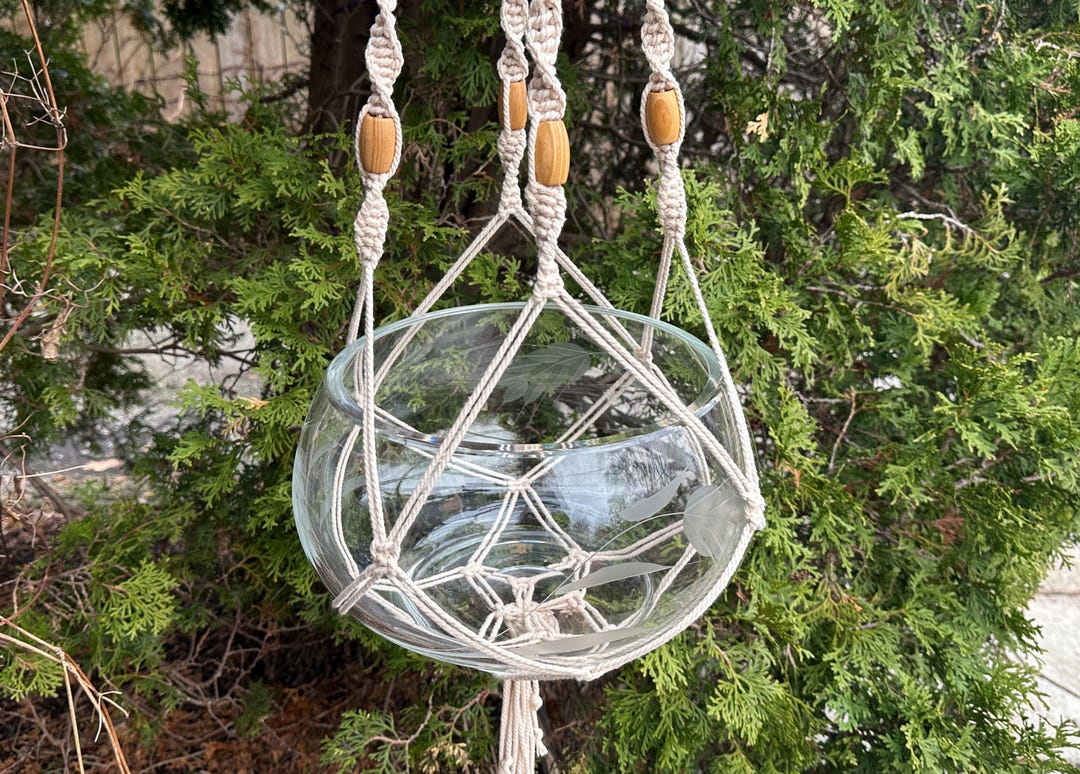 Hanging Heavy Thick Etched Clear Glass Bowl With Cotton Macrame04252036 ...