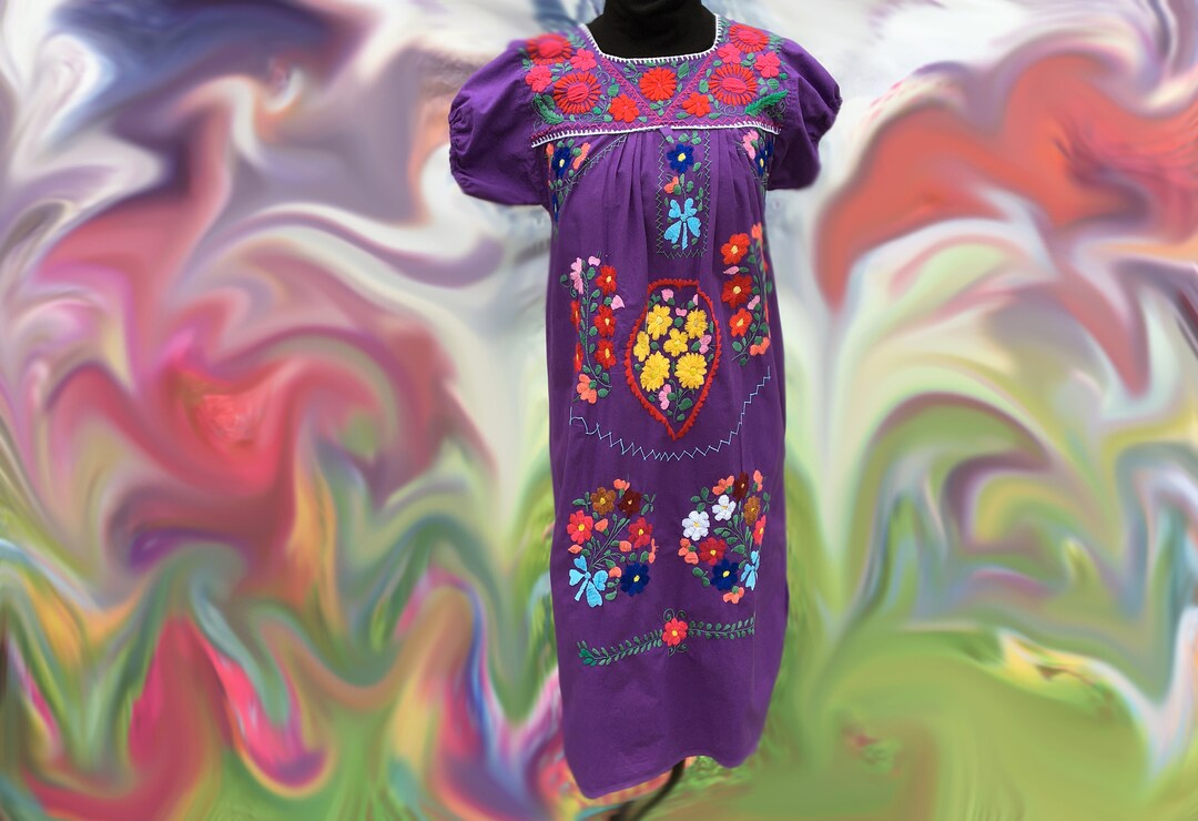Small Mexico Embroidered Long Purple Hippie Boho Colorful Puebla Dress ...