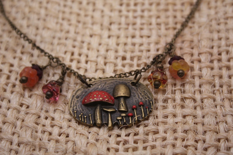 Brass Mushroom Patch Pendant With Glass Flowers Hippie Jewelry - Etsy