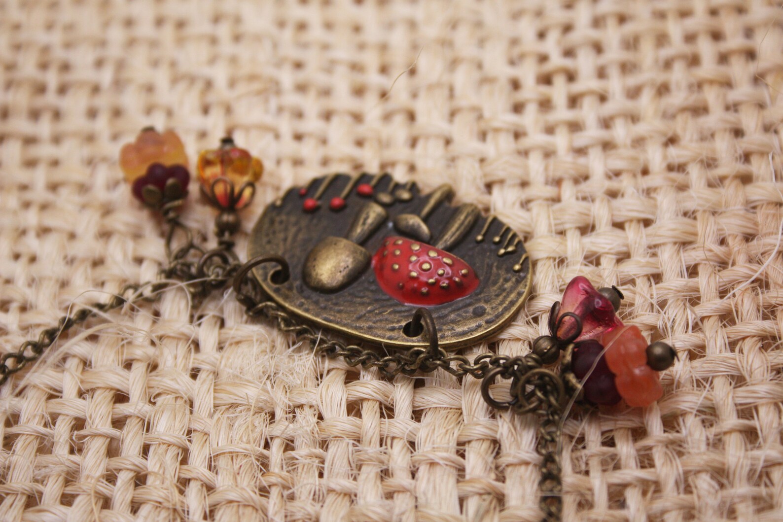 Brass Mushroom Patch Pendant With Glass Flowers Hippie Jewelry - Etsy