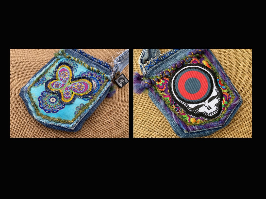 2-sided OOAK Grateful Dead Jerry Garcia Charm Denim Pocket Purse Hippie ...