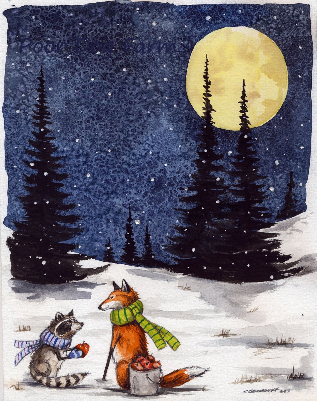 Fox Brings Raccoon a Gift - Signed Print ~ Little Red Fox Series - - Etsy