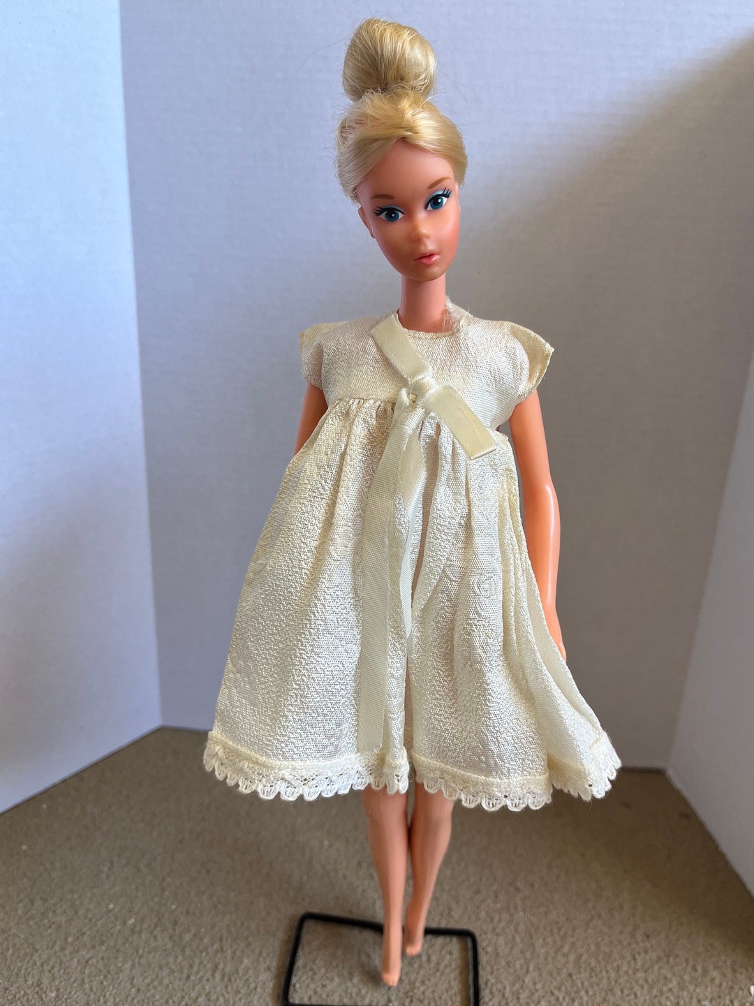 Barbie Clone Babydoll Crepe Dress in Cream/ivory With Flower Embossing ...