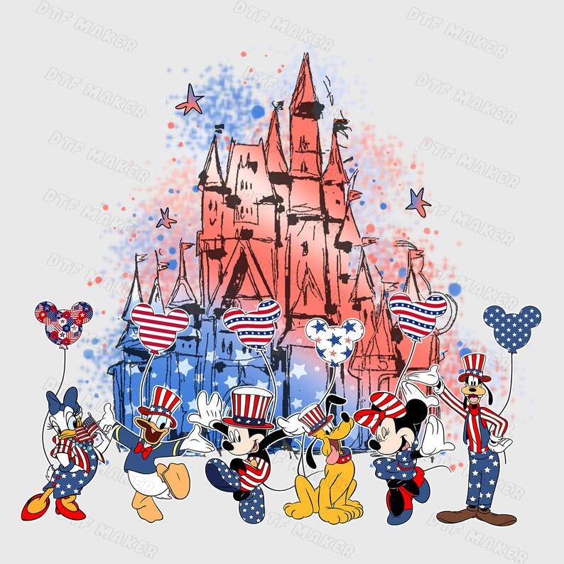 Watercolor Disney Castle and Patriotic Mickey Mouse Friends With ...