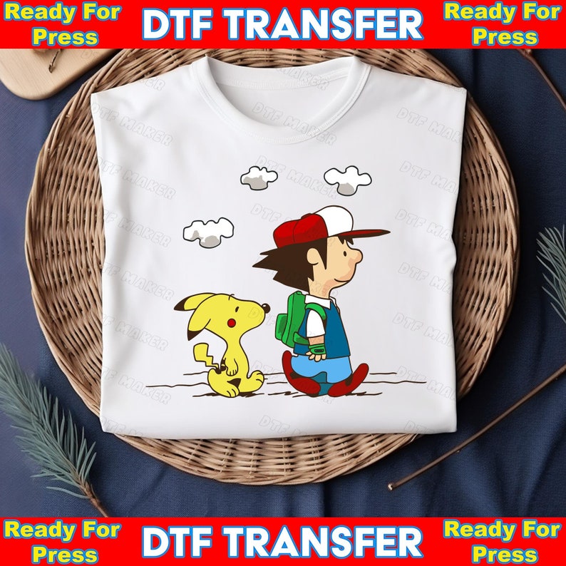Ash Ketchum and Pikachu Cartoon Style DTF Transfer Ready for Press,ash ...