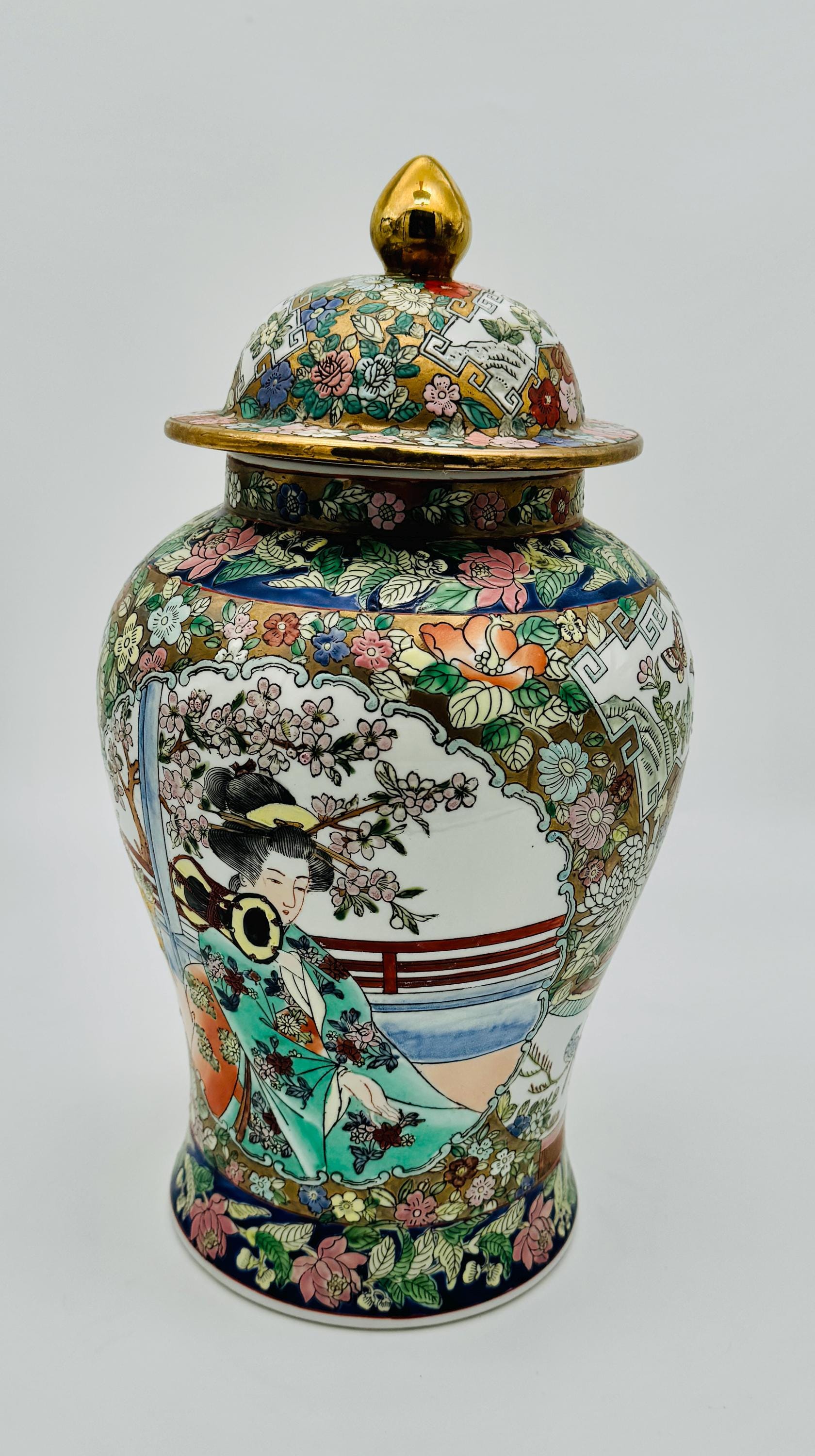 Rare Chinese Porcelain Lidded Ginger Jar Hand-painted Floral & Geisha ...