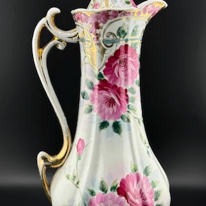 Antique Japanese Porcelain Pitcher - Hand-painted Pink Chrysanthemum ...