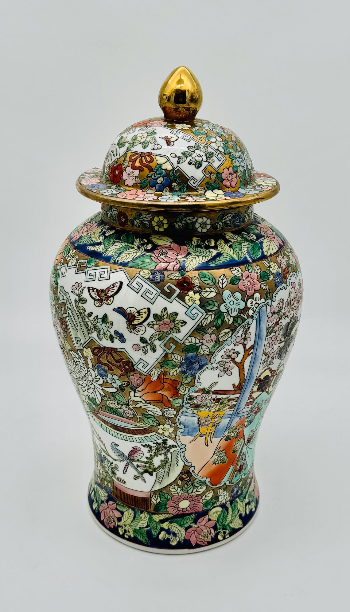 Rare Chinese Porcelain Lidded Ginger Jar Hand-painted Floral & Geisha ...