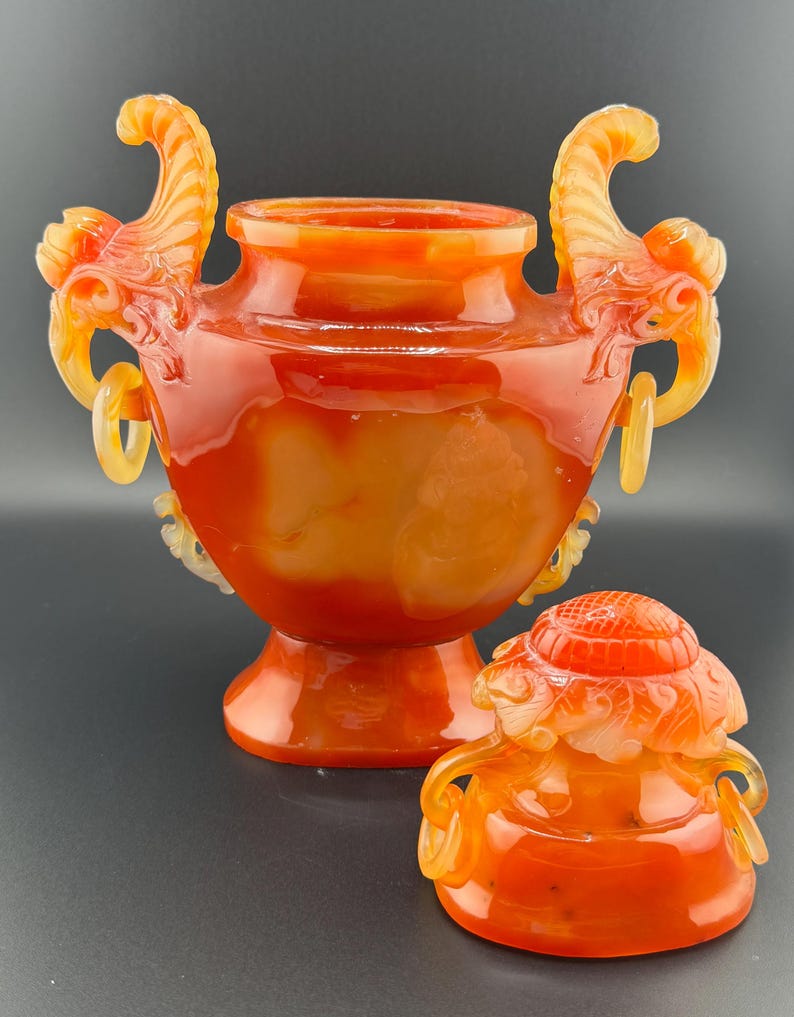 Antique China Natural Carved Red Agate Urn - 9.5” Tall, Handcrafted 100 ...
