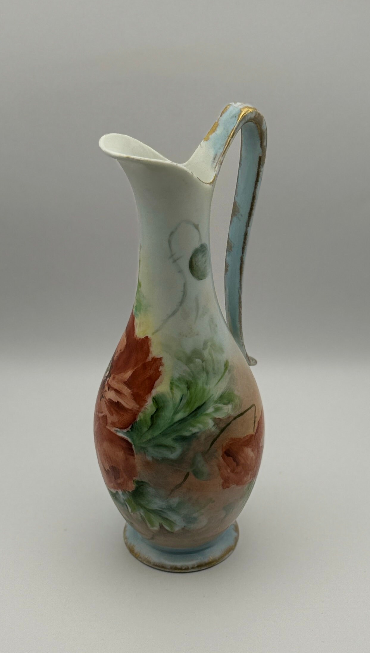 Hand-painted Porcelain Ewer Vase With Red Poppies Design, Signed - Etsy