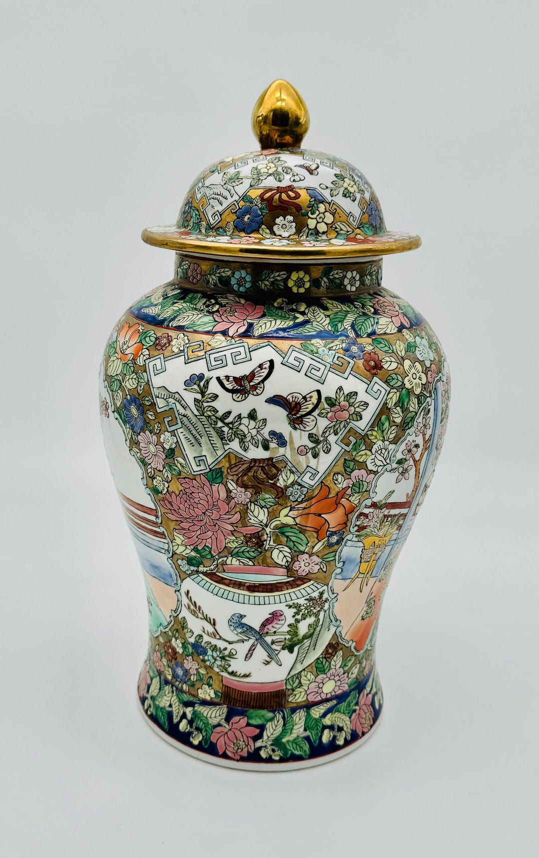 Rare Chinese Porcelain Lidded Ginger Jar - Hand-painted Floral & Geisha ...