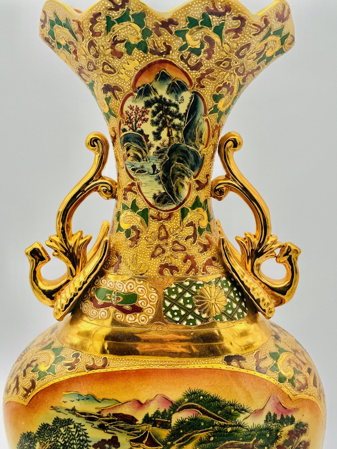 Vintage Royal Satsuma Hand-painted Porcelain Vase - 24” Ornate Japanese ...