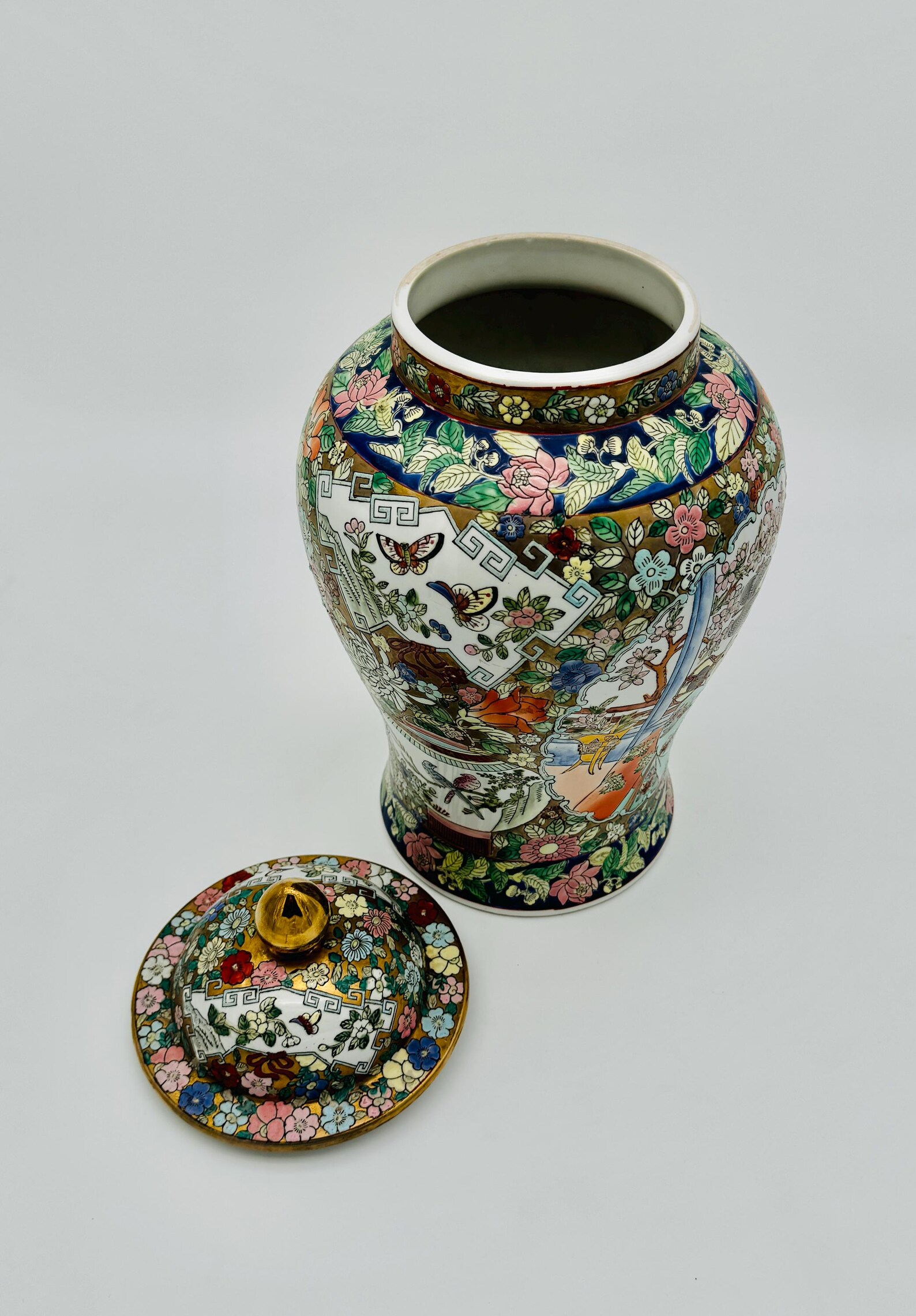 Rare Chinese Porcelain Lidded Ginger Jar Hand-painted Floral & Geisha ...
