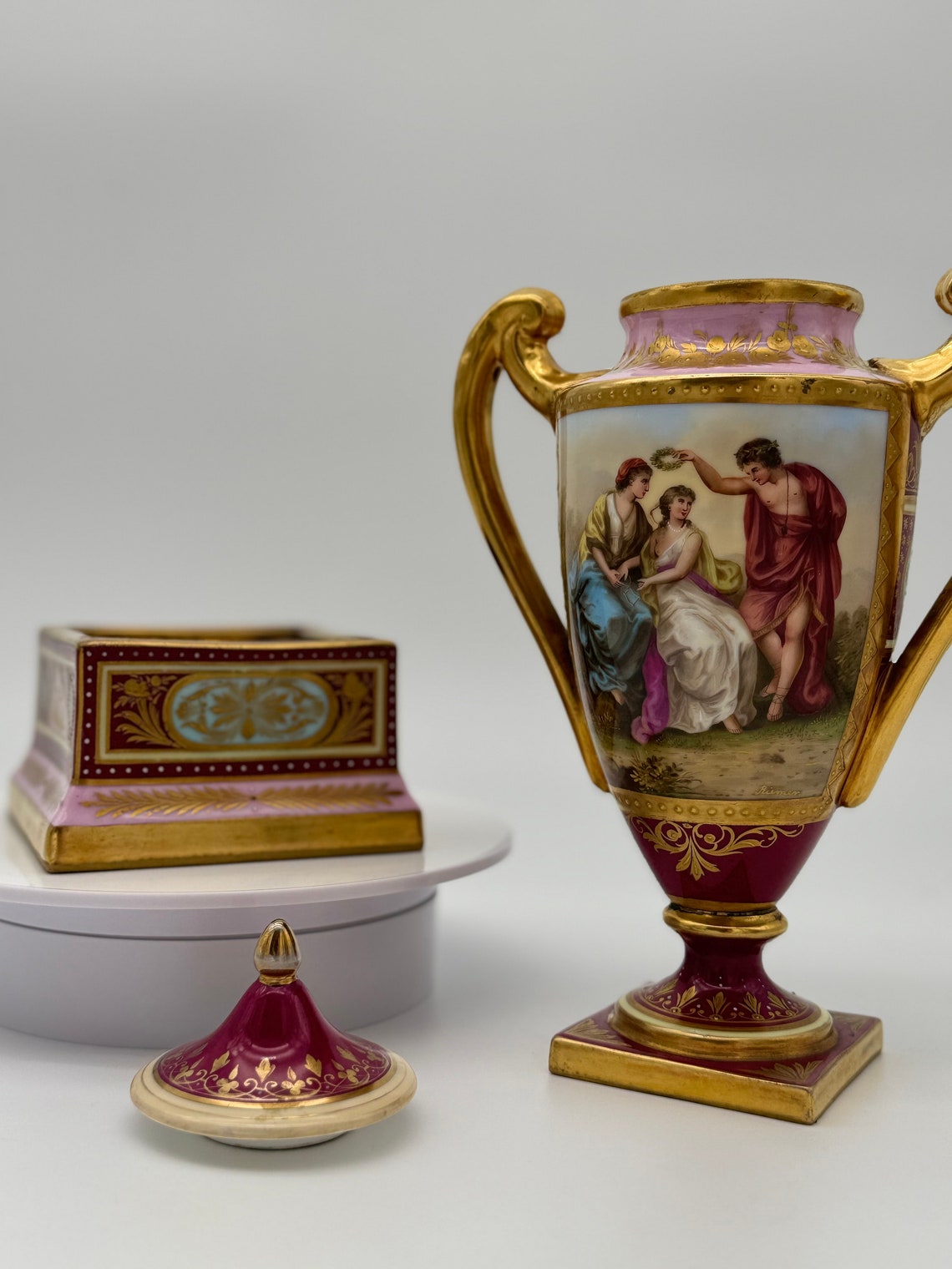 Royal Vienna Beehive Mark, Signed, Two Handled Covered Urn With Base ...