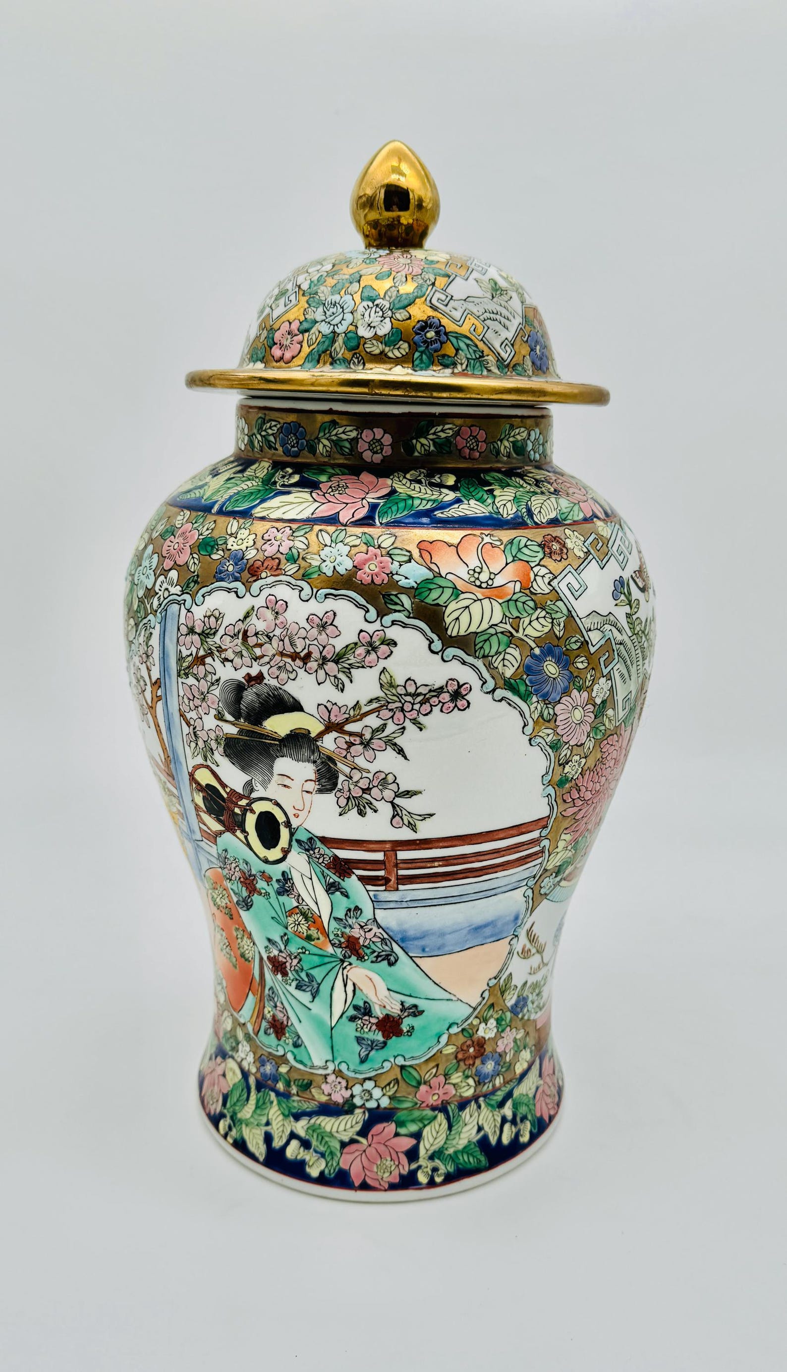 Rare Chinese Porcelain Lidded Ginger Jar Hand-painted Floral & Geisha ...