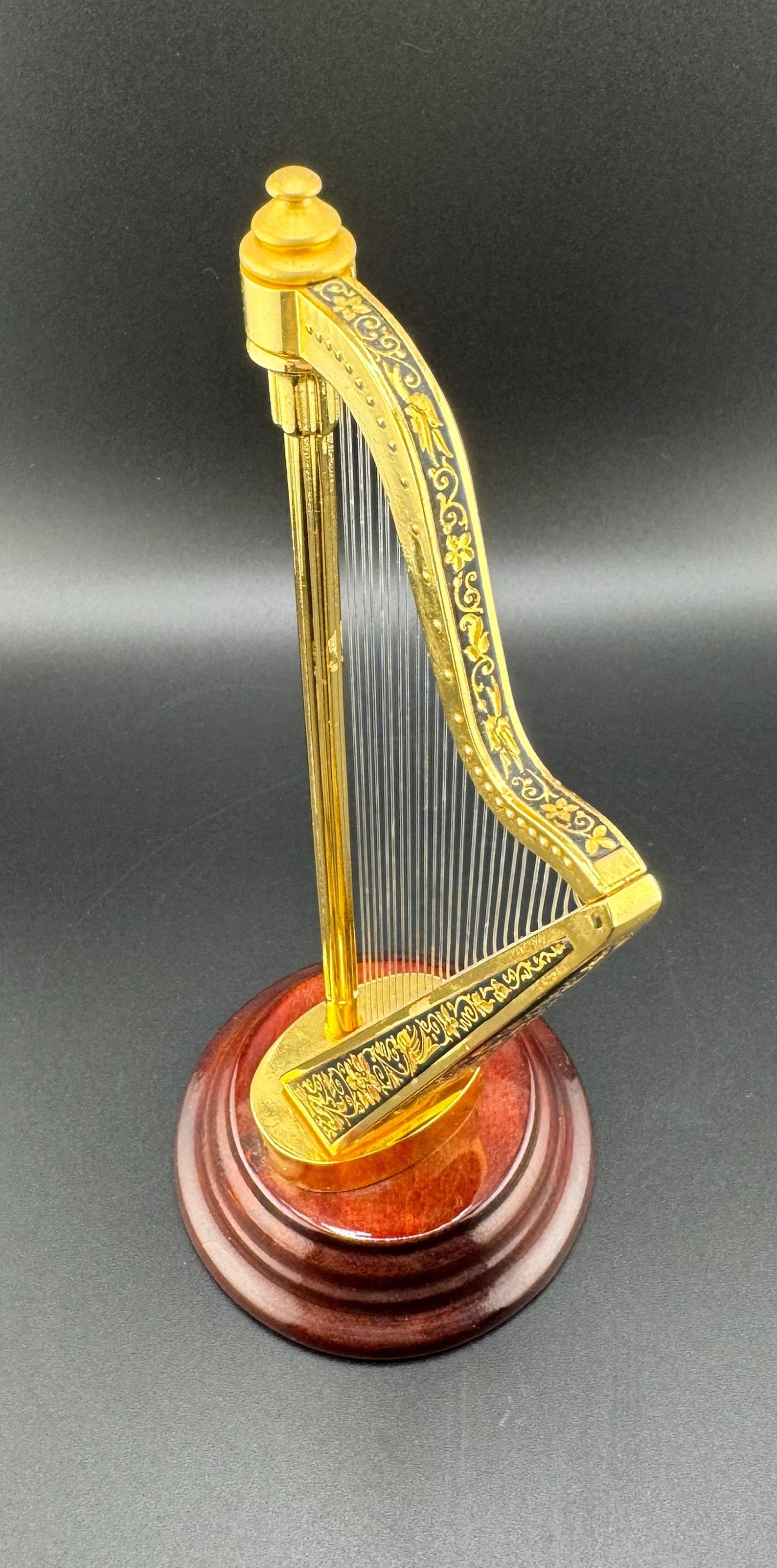 Elegant Gold-tone Decorative Harp Figurine on Wooden Base - Ornate ...
