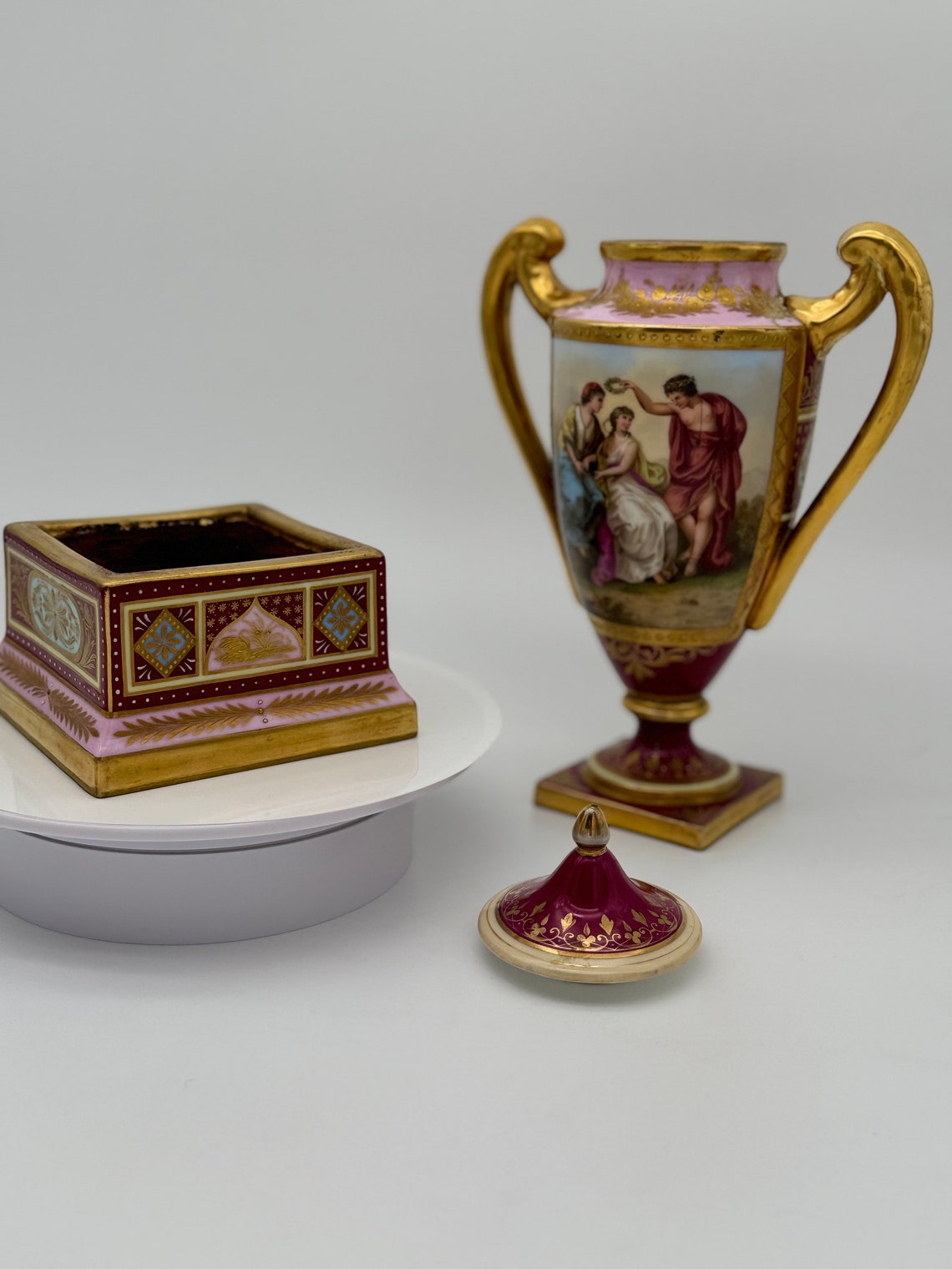 Royal Vienna Beehive Mark, Signed, Two Handled Covered Urn With Base ...