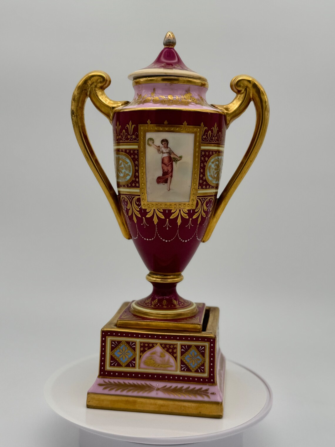 Royal Vienna Beehive Mark, Signed, Two Handled Covered Urn With Base ...