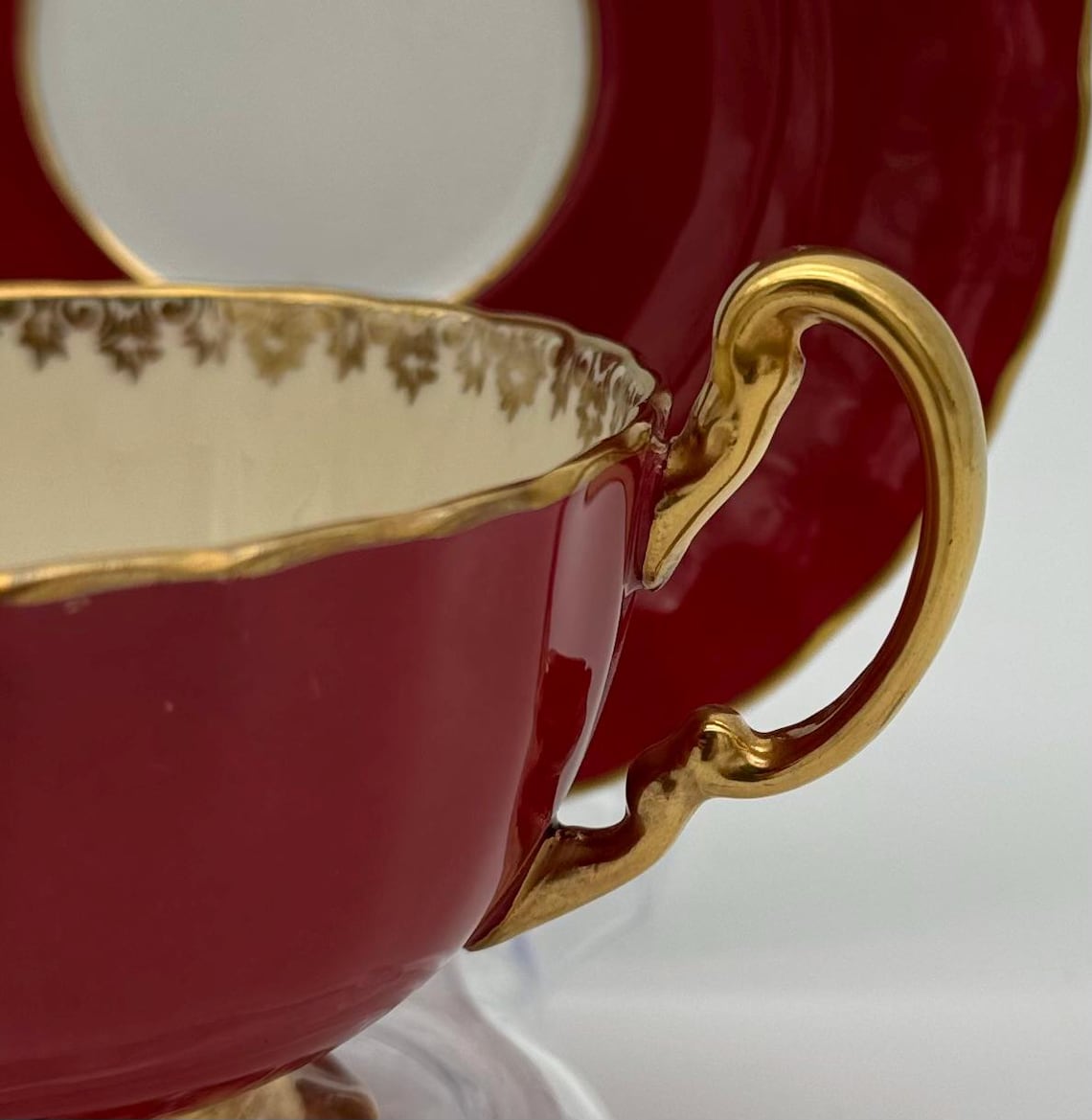 Aynsley Bone China Teacup and Saucer Set - Burgundy and Gold With ...