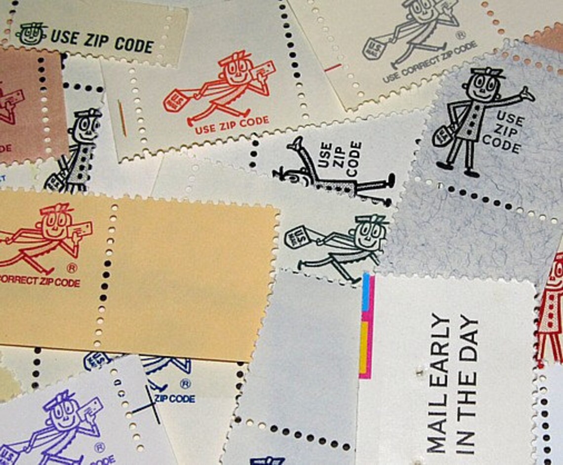 Mr. ZIP .. Vintage Postage Stamps .. 50 Use Correct Zip Code Labels ...