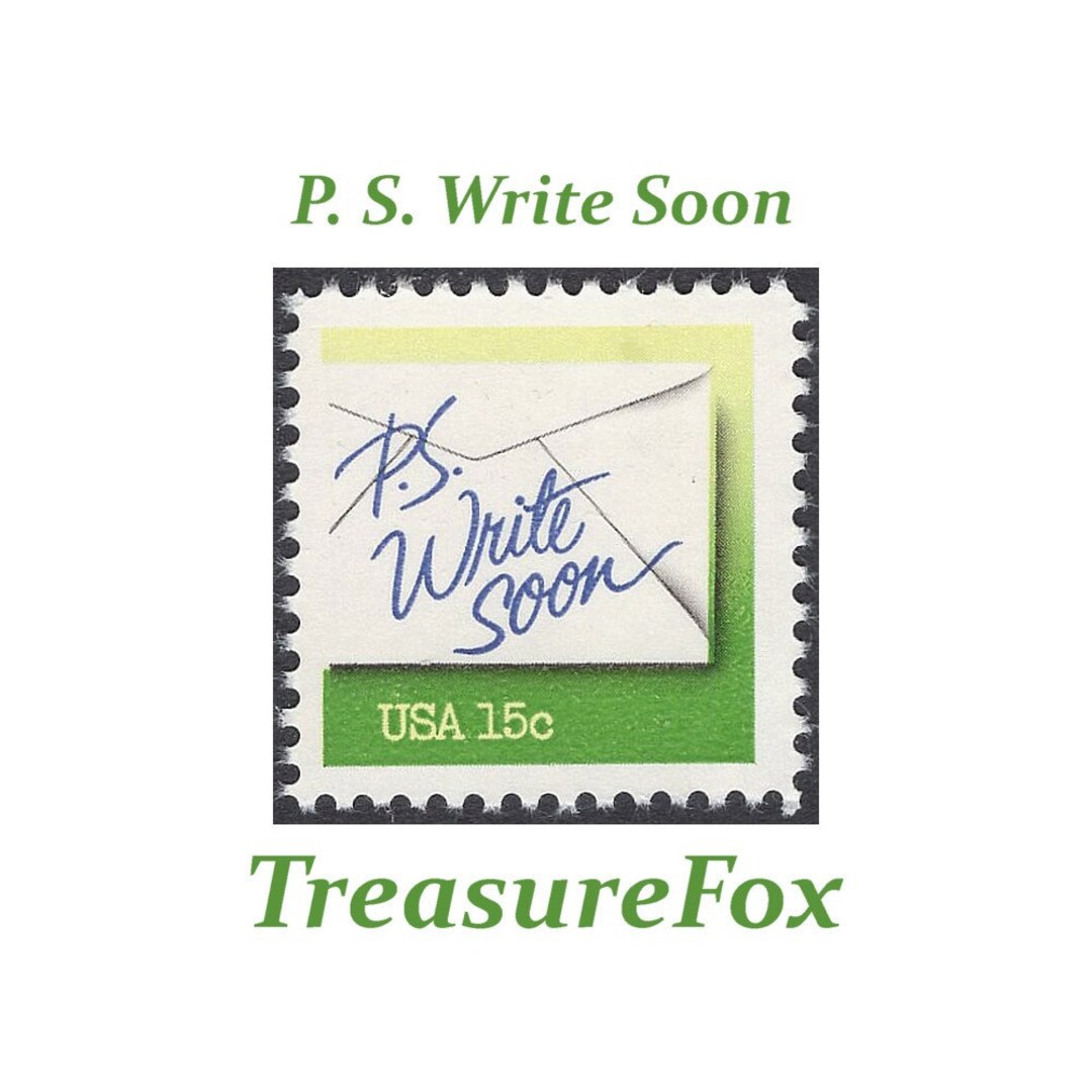 TEN 15c P.S. Write Soon Green/yellow Stamps .. Pack of 10 Vintage ...