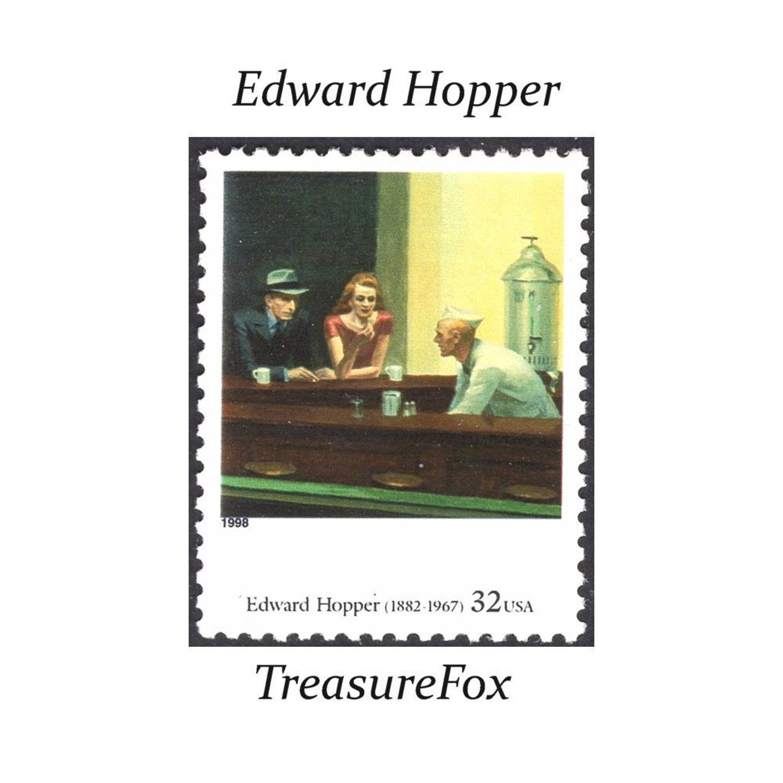 FIVE 32c Edward Hopper-nighthawks-stamp .. Vintage Unused US Postage ...