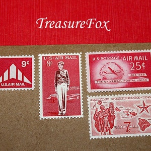 RED Airmail STAMPS Too .. Unused Vintage Postage Stamps .. Mail 5 ...