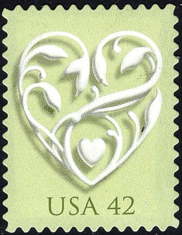 FIVE 42c Light Green Wedding Hearts Stamps .. Unused US Postage Stamps ...