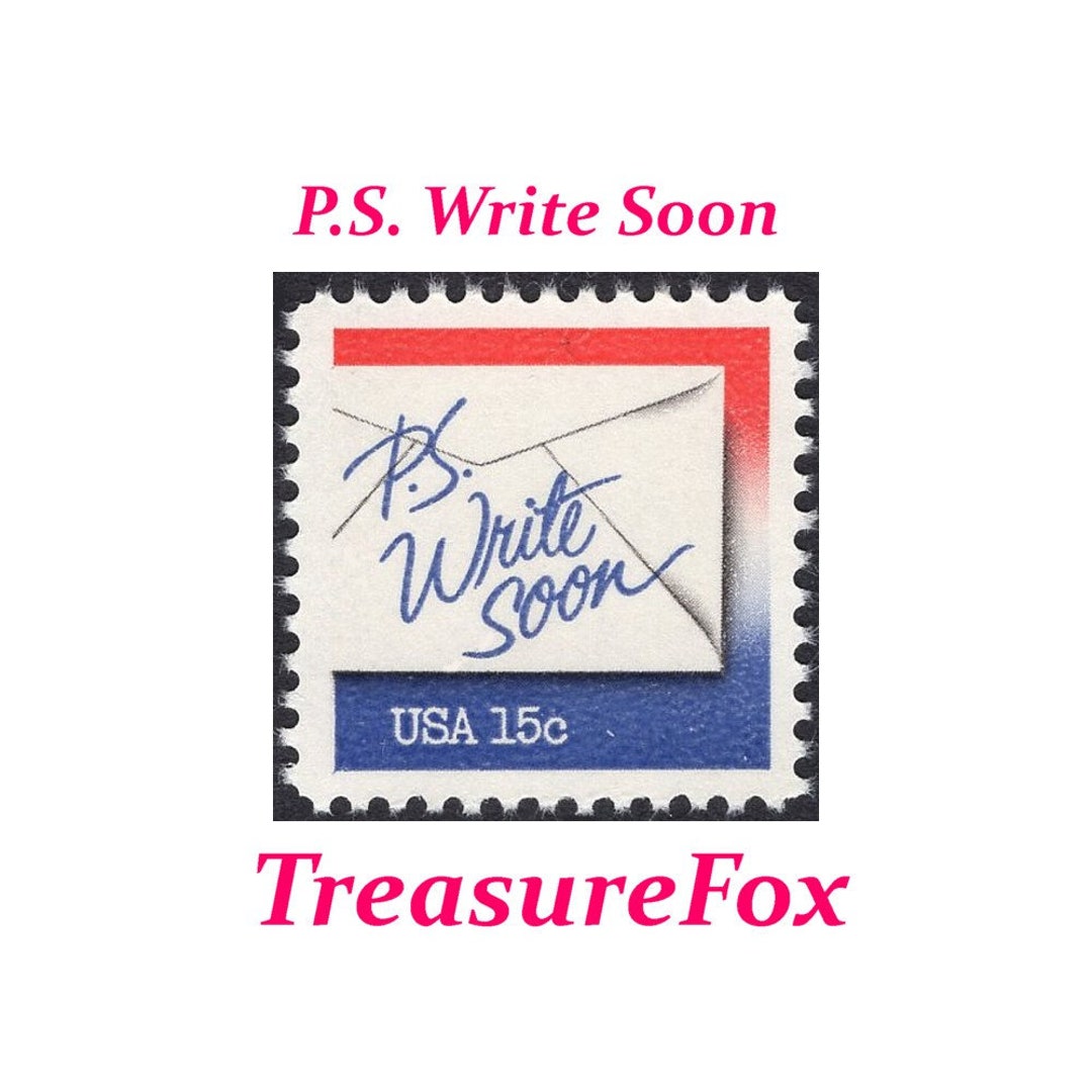 TEN 15c P.S. Write Soon Red/blue Stamps .. Pack of 10 Vintage Unused ...
