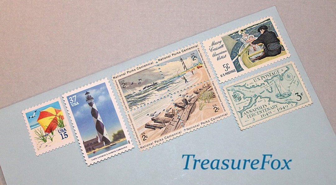 Beach FUN .. Unused Vintage US Postage Stamps .. Enough to Mail 10 ...