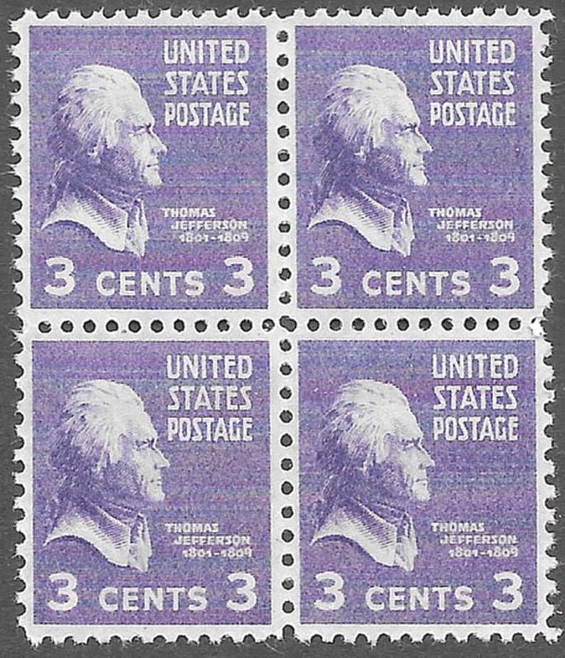 Pack of 10 .. 3c Thomas Jefferson Stamp of 1937 .. 10 Vintage Unused US ...
