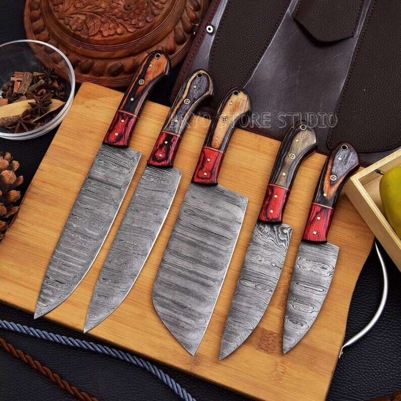Handmade Damascus Steel Kitchen Set, 5 Pcs Chef Set , BBQ Damascus Set ...