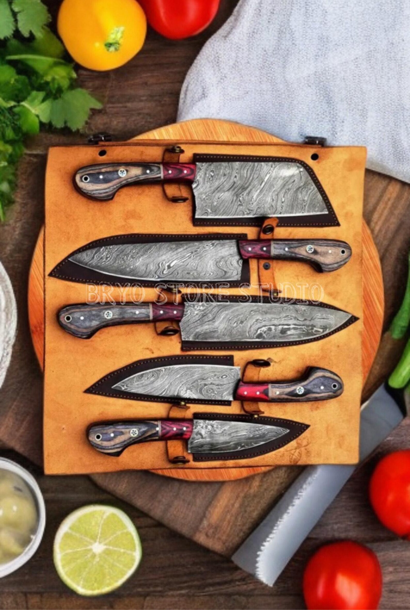 Handmade Damascus Steel Kitchen Set, 5 Pcs Chef Set , BBQ Damascus Set ...