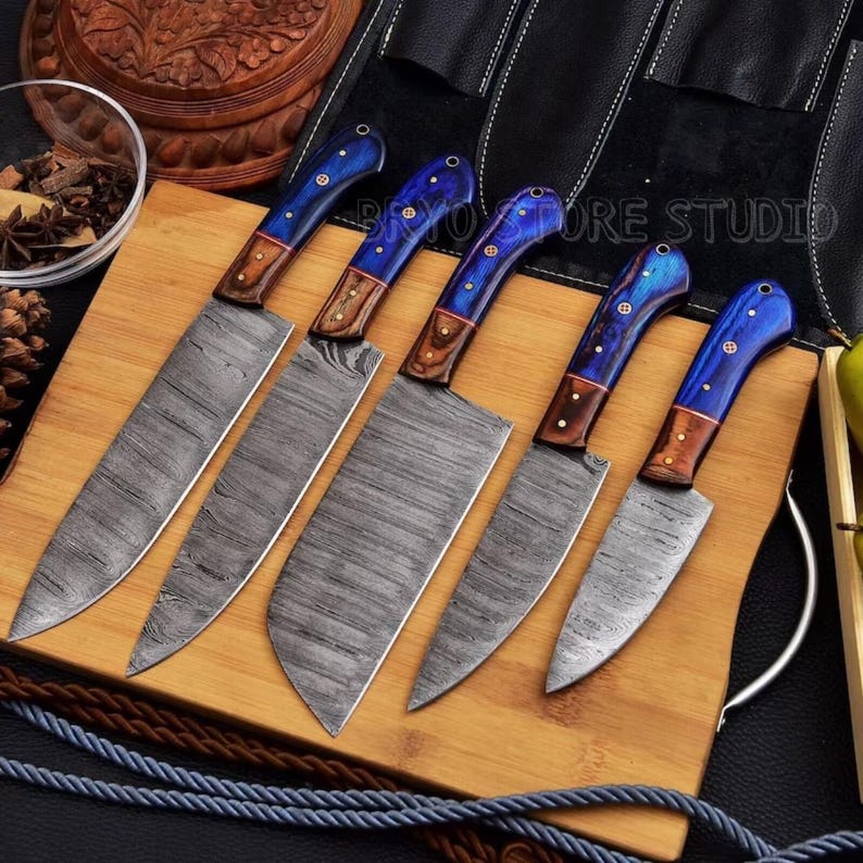 Handmade Damascus Steel Kitchen Set, 5 Pcs Chef Set , BBQ Damascus Set ...