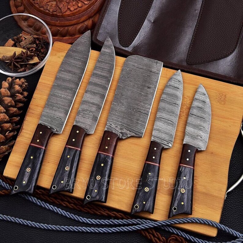 Handmade Damascus Steel Kitchen Set, 5 Pcs Chef Set , BBQ Damascus Set ...