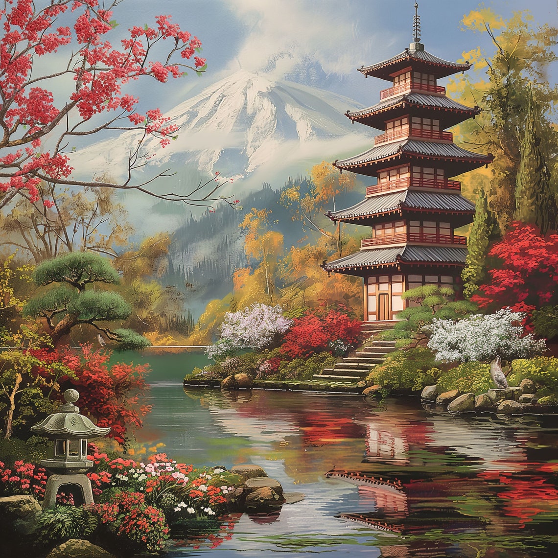 Japanese Garden With Pagoda, Flowering Trees, Pond and Mountain ...