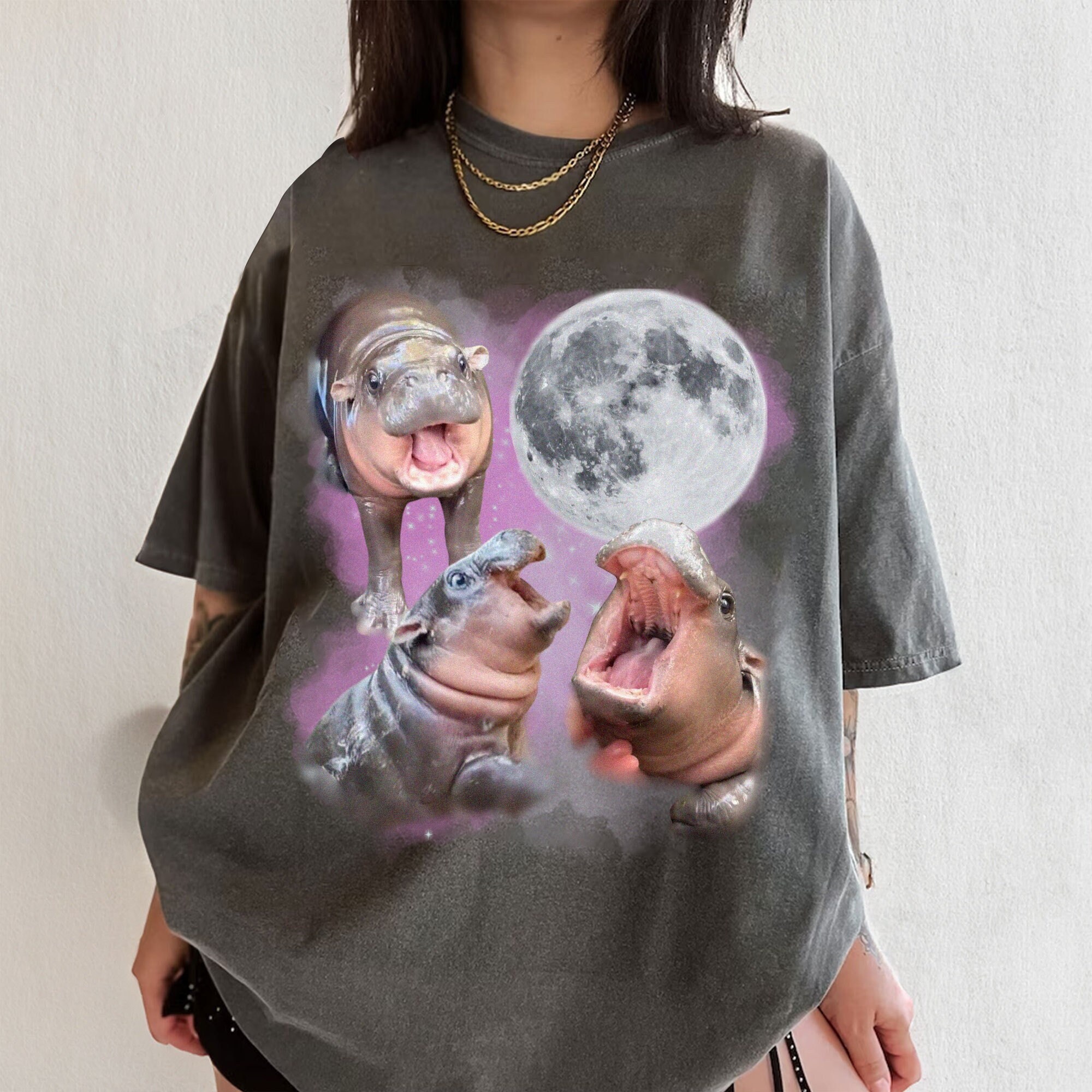 Moo Deng With the Moon Shirt, Moo Deng Shirt, Cute Baby Hippo Moo Deng ...