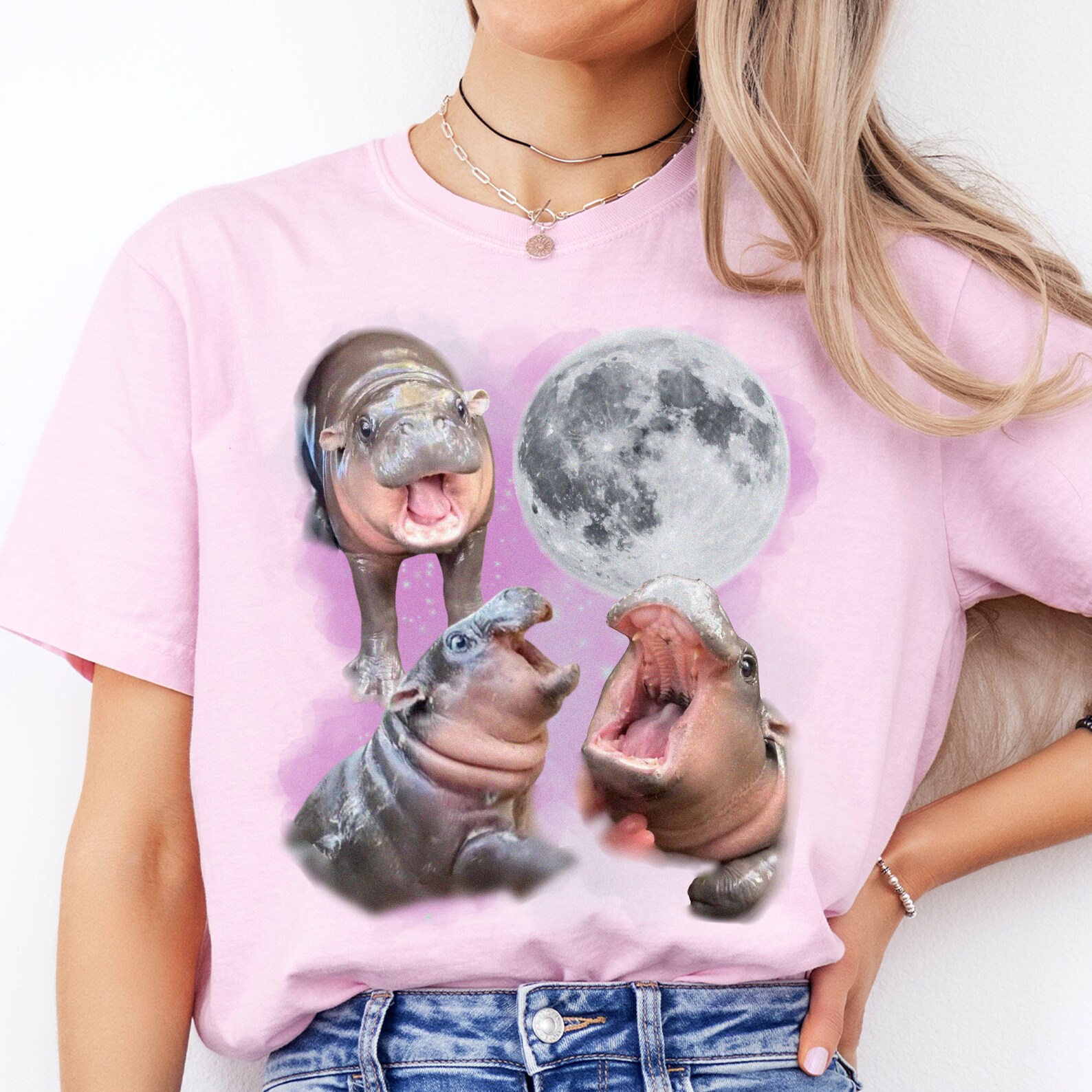 Moo Deng With the Moon Shirt, Moo Deng Shirt, Cute Baby Hippo Moo Deng ...