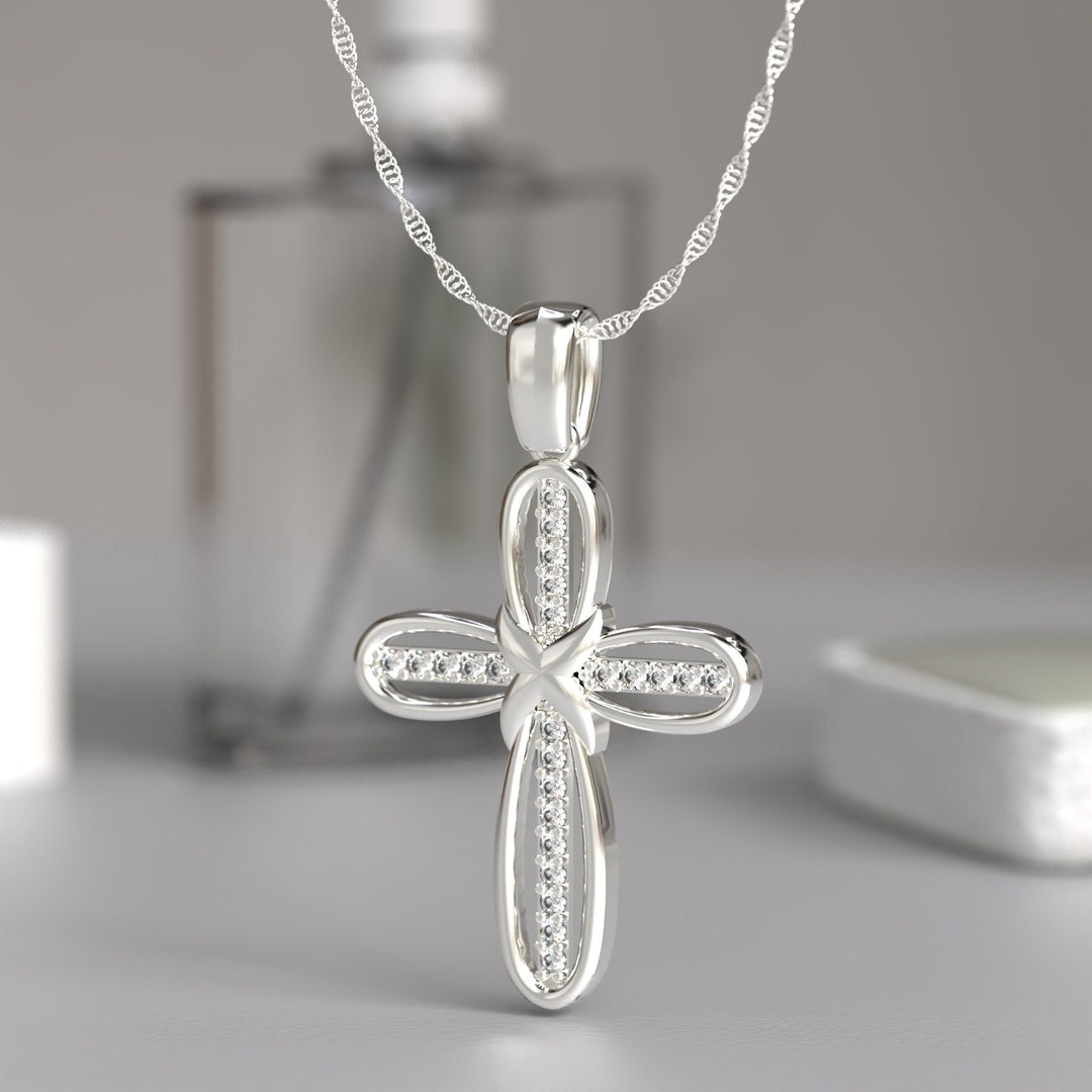14k White Gold Diamond Infinity Cross Necklace for Women, Christian ...