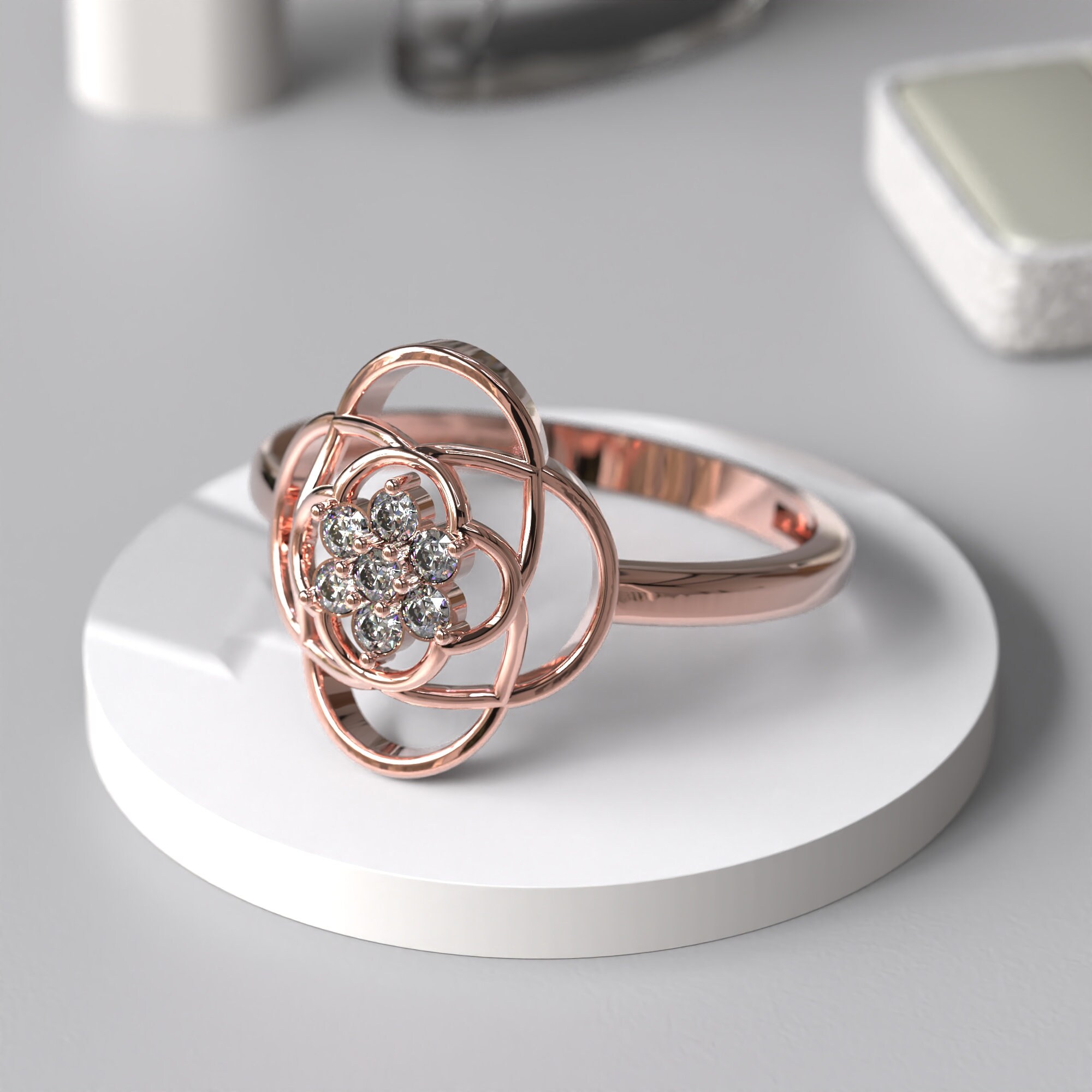 14K Gold Birth Flower Ring, Solitaire Flower Ring, Birthstone Ring ...
