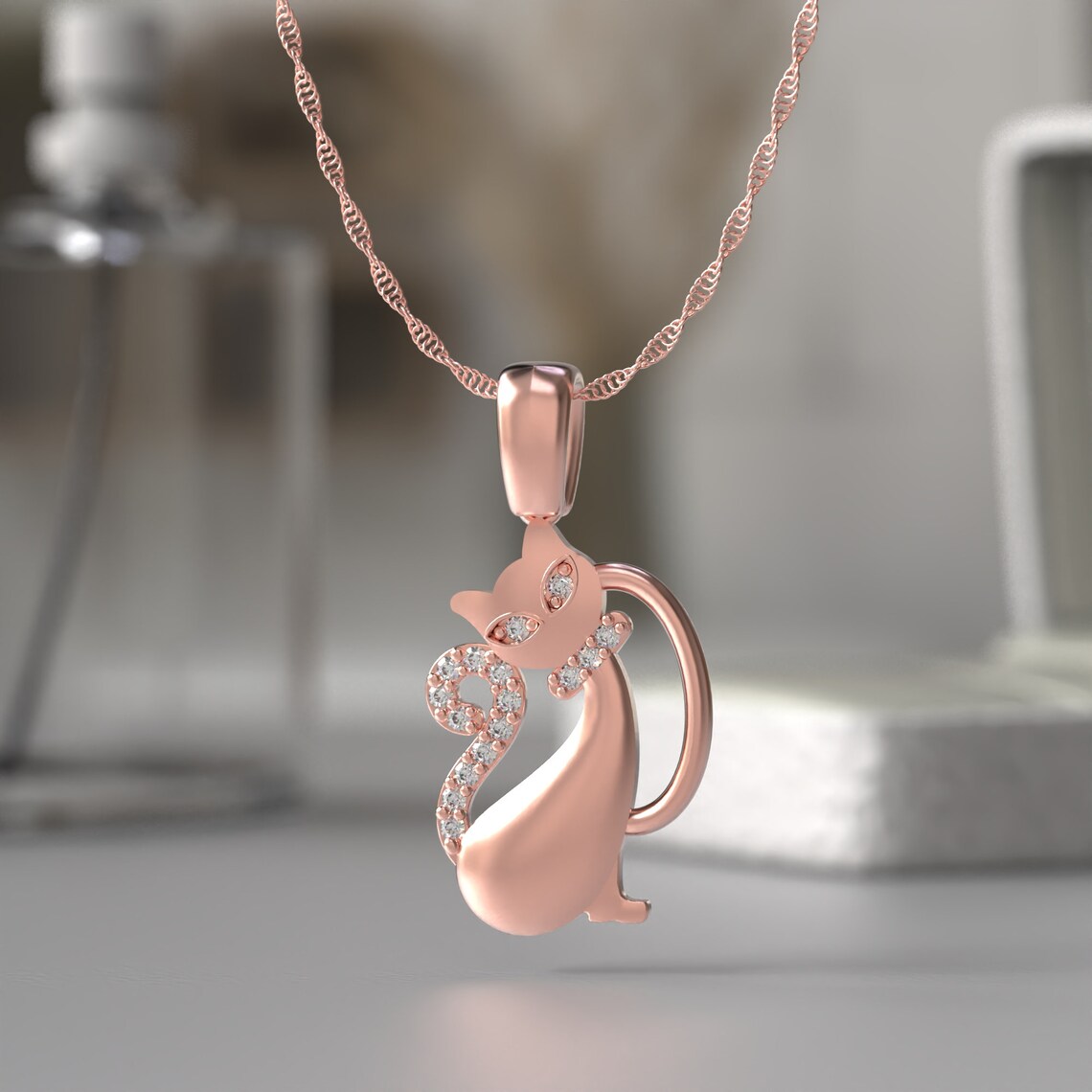 Cat Shape Diamond Pendant, Pave Round Diamond Cat Shape Pendant, Cat ...