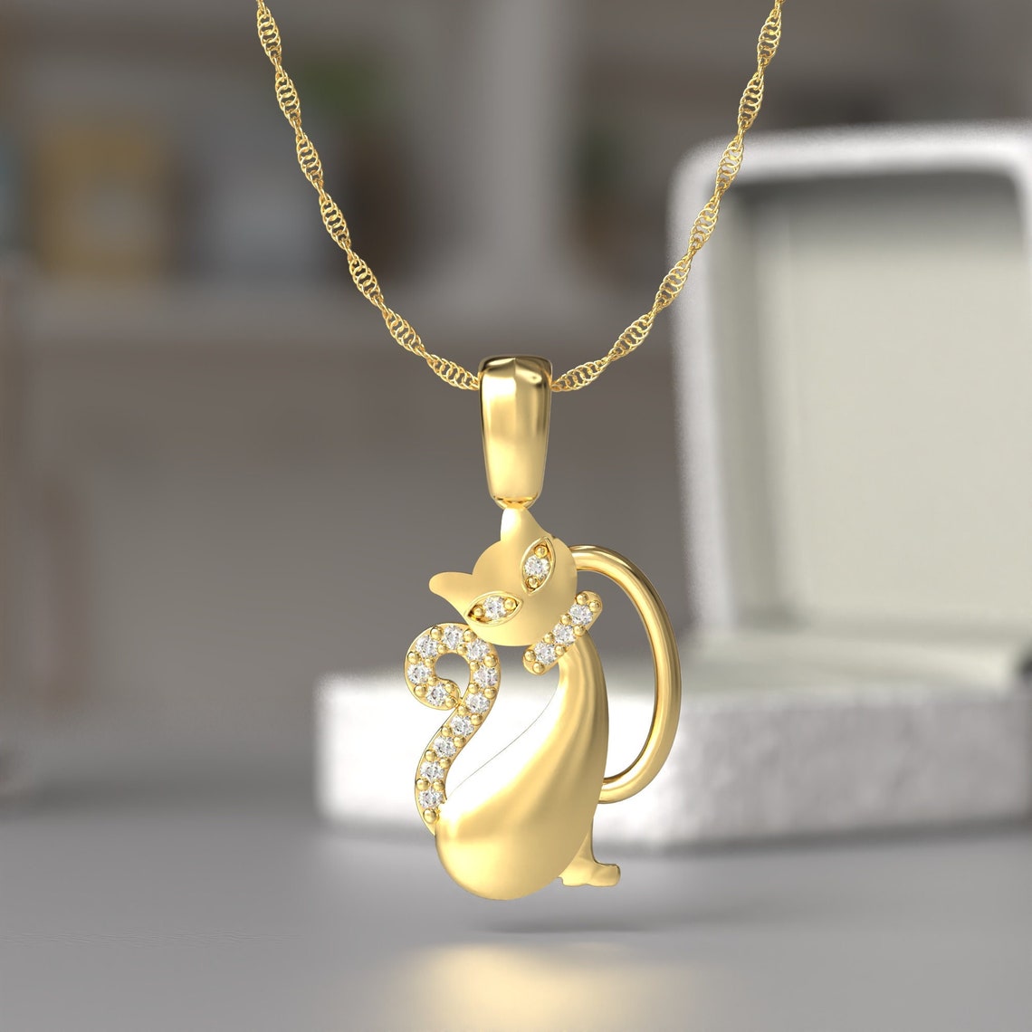Cat Shape Diamond Pendant, Pave Round Diamond Cat Shape Pendant, Cat ...