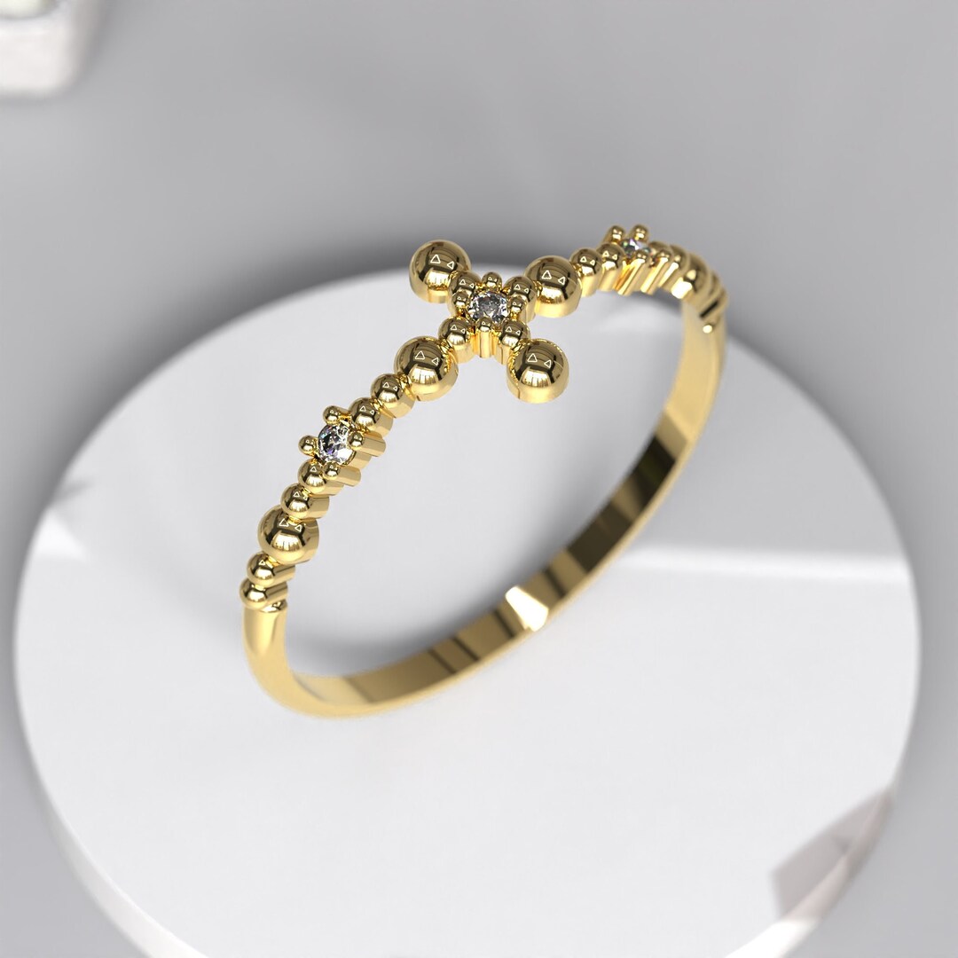 Gold Sideways Cross Ring, 14K Dainty Cross Ring, 14K Gold Band Ring ...