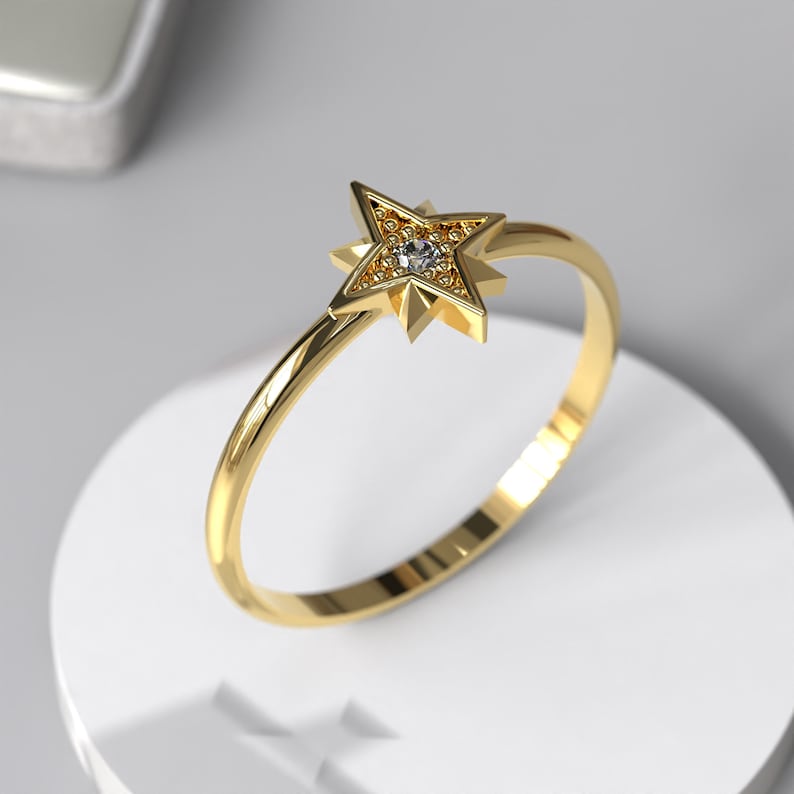 14K Gold North Star Ring, Starburst Ring, Pole Star Ring, Sterling ...