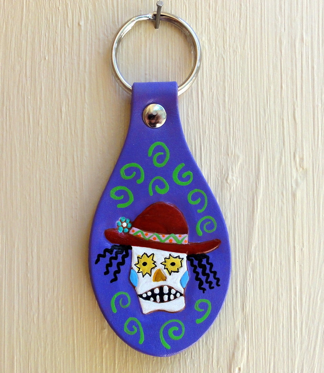 Day of the Dead Leather Key Fob - Etsy