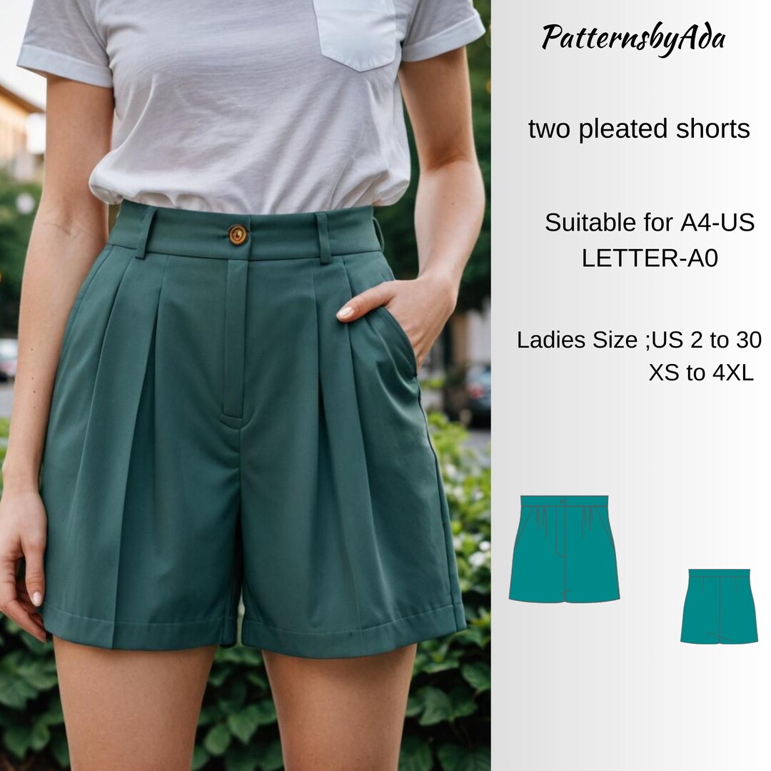 Two Pleated Shorts Sewing Pattern Sizes US 2 to 30-suitable for A4-US ...
