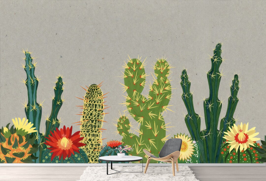 Colorful Floral Cactus Wallpaper Desert Plants Wall Decor Cacti Boquet ...